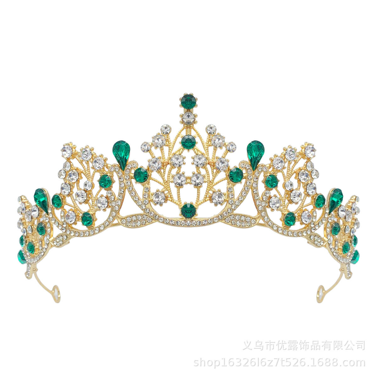 Корона невесты "Трансграничная", с бриллиантами, цвет золото + зеленые бриллианты