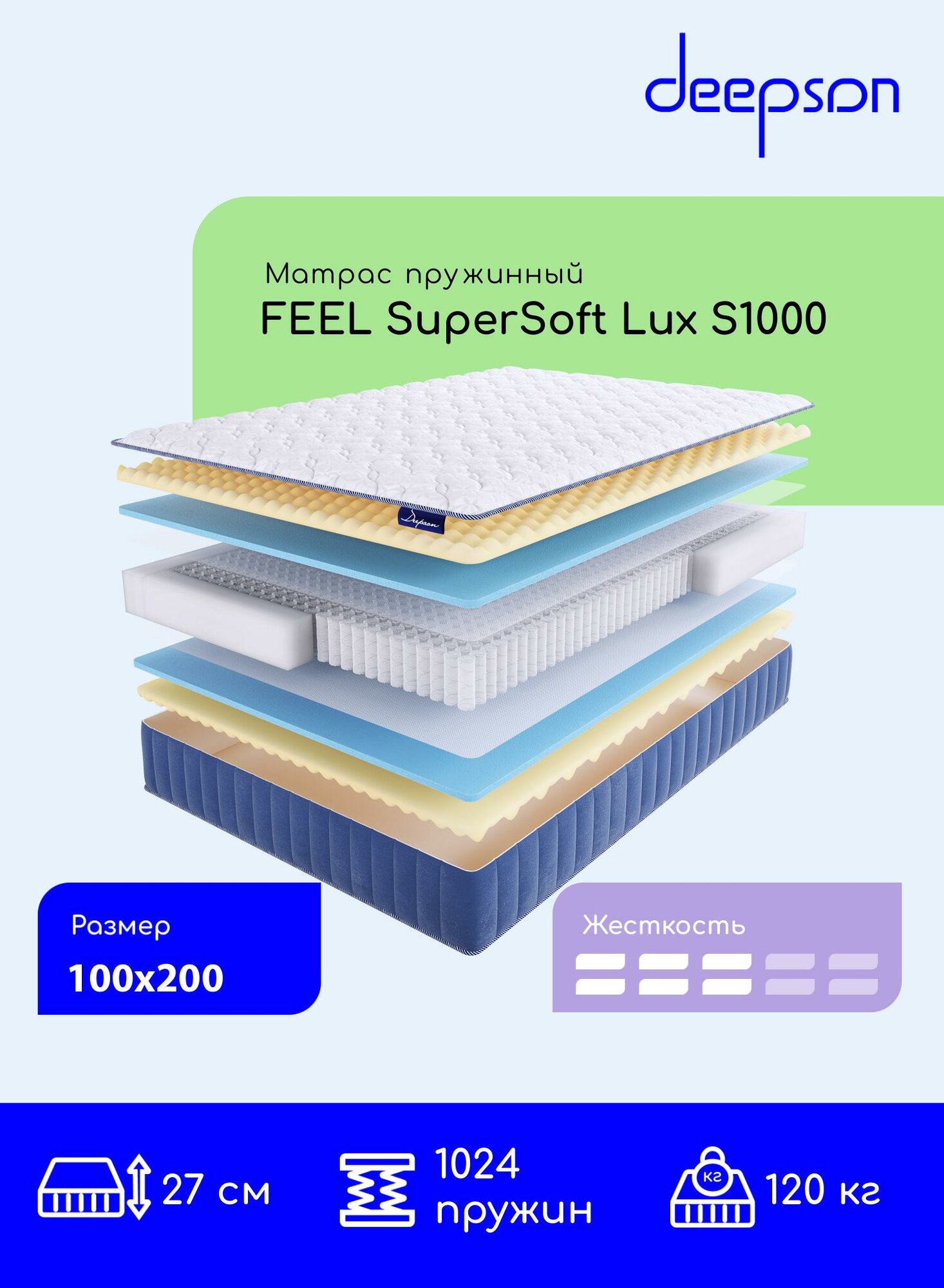 Матрас 100x200 пружинный полутороспальный ортопедический Deepson FEEL SuperSoft LUX S1000