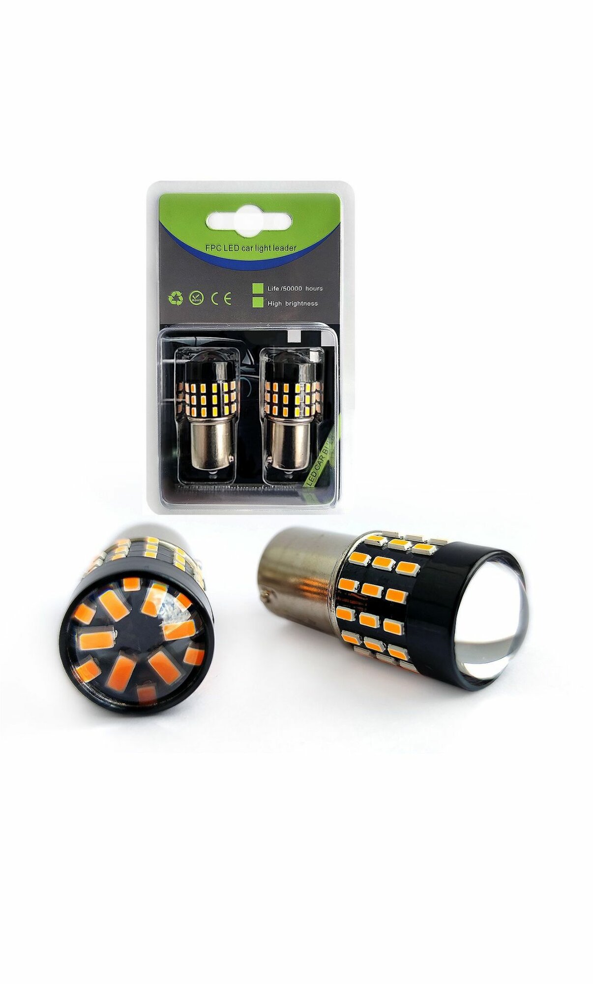 Автомобильные светодиодные оранжевые Led лампы Т25 S25 (1157) 54SMD, PY21/5W двухконтактные (BAY15d), 12-24V (2шт.) биполярные, стоп сигнал, габариты, двухрежимные