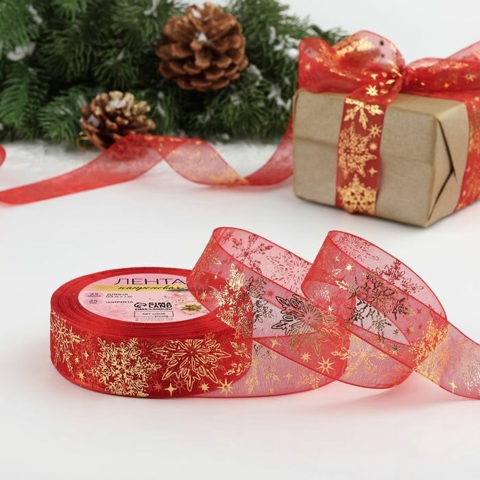 Лента капроновая с тиснением Фигурные снежинки , 25 мм 23 1 м, цвет красный/золотой