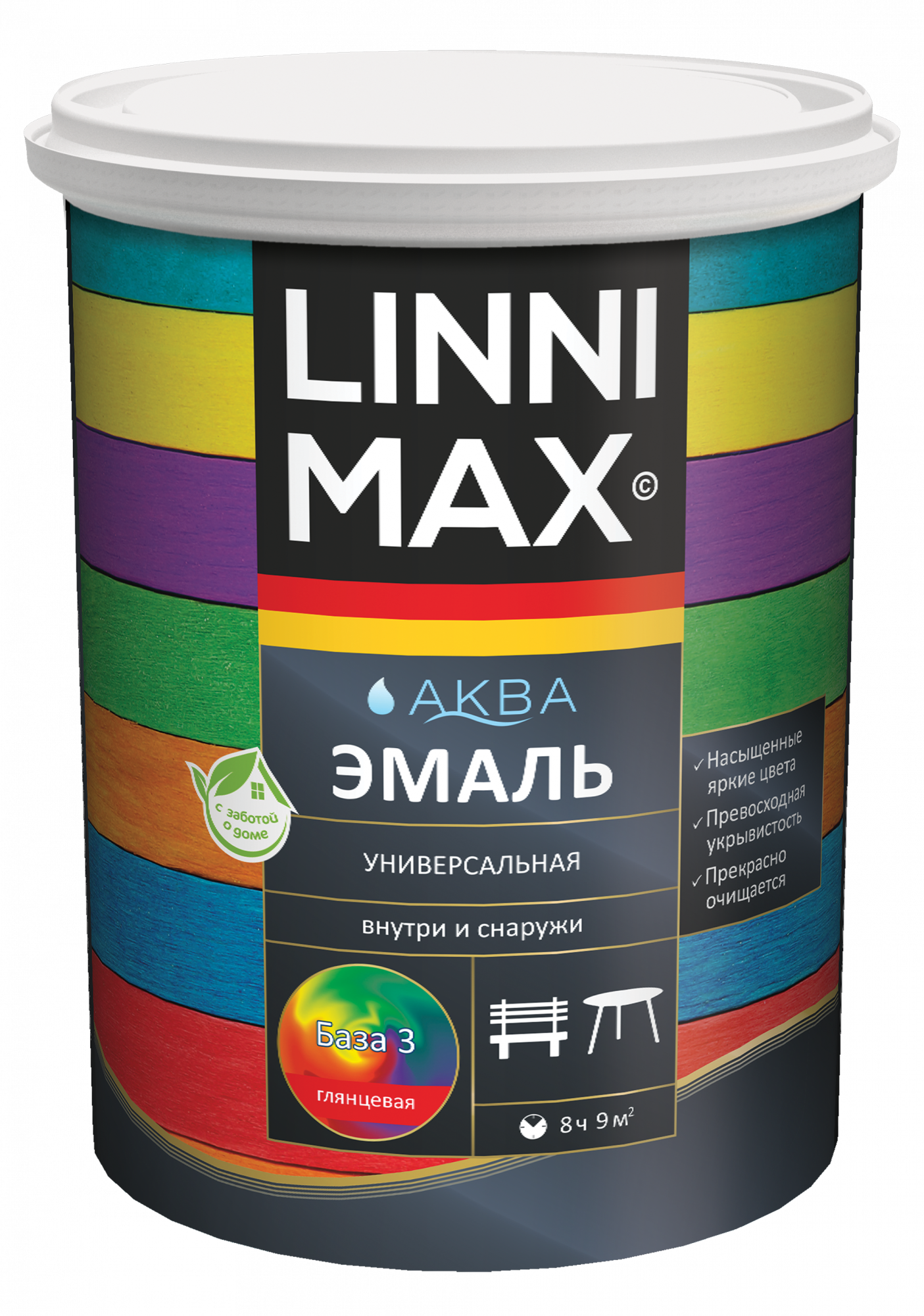 Эмаль LINNIMAX аква акриловая универсальная атмосферостойкая для наружных и внутренних работ, шелковисто-матовая, база 3 (0,9л)