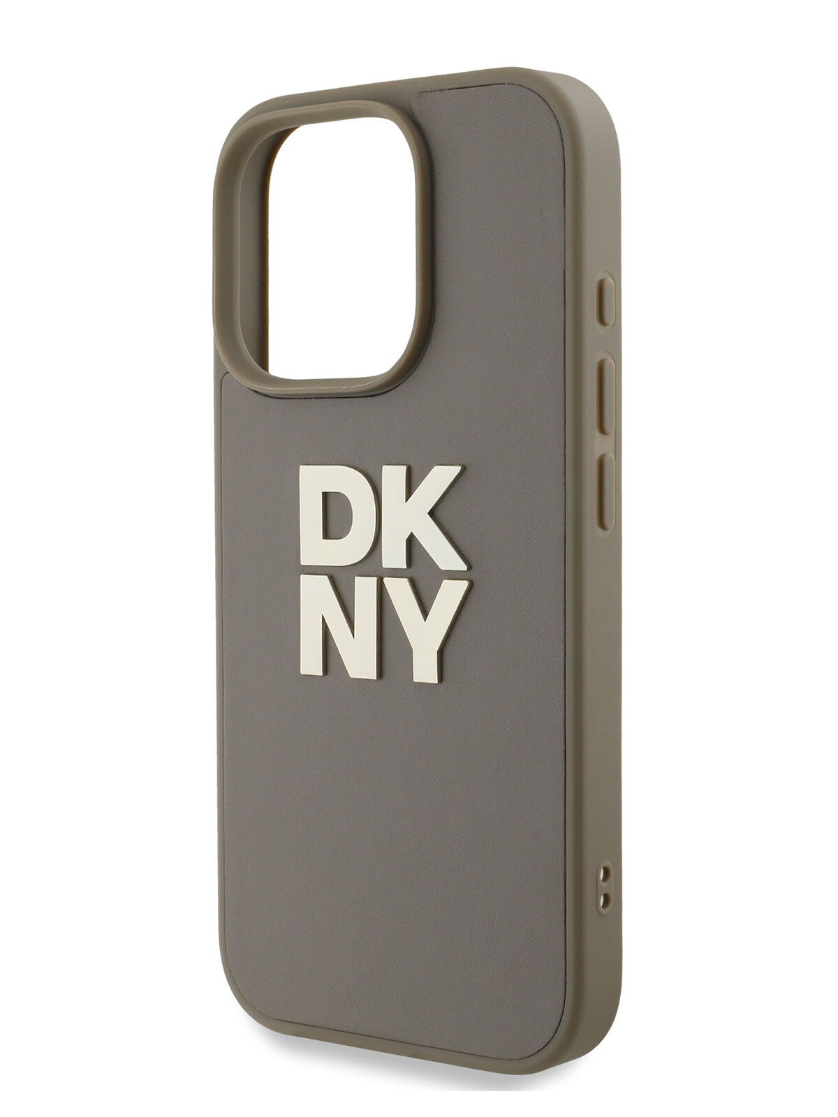 DKNY для iPhone 16 Pro Max чехол PU Stack metal logo Hard + Hand strap Beige