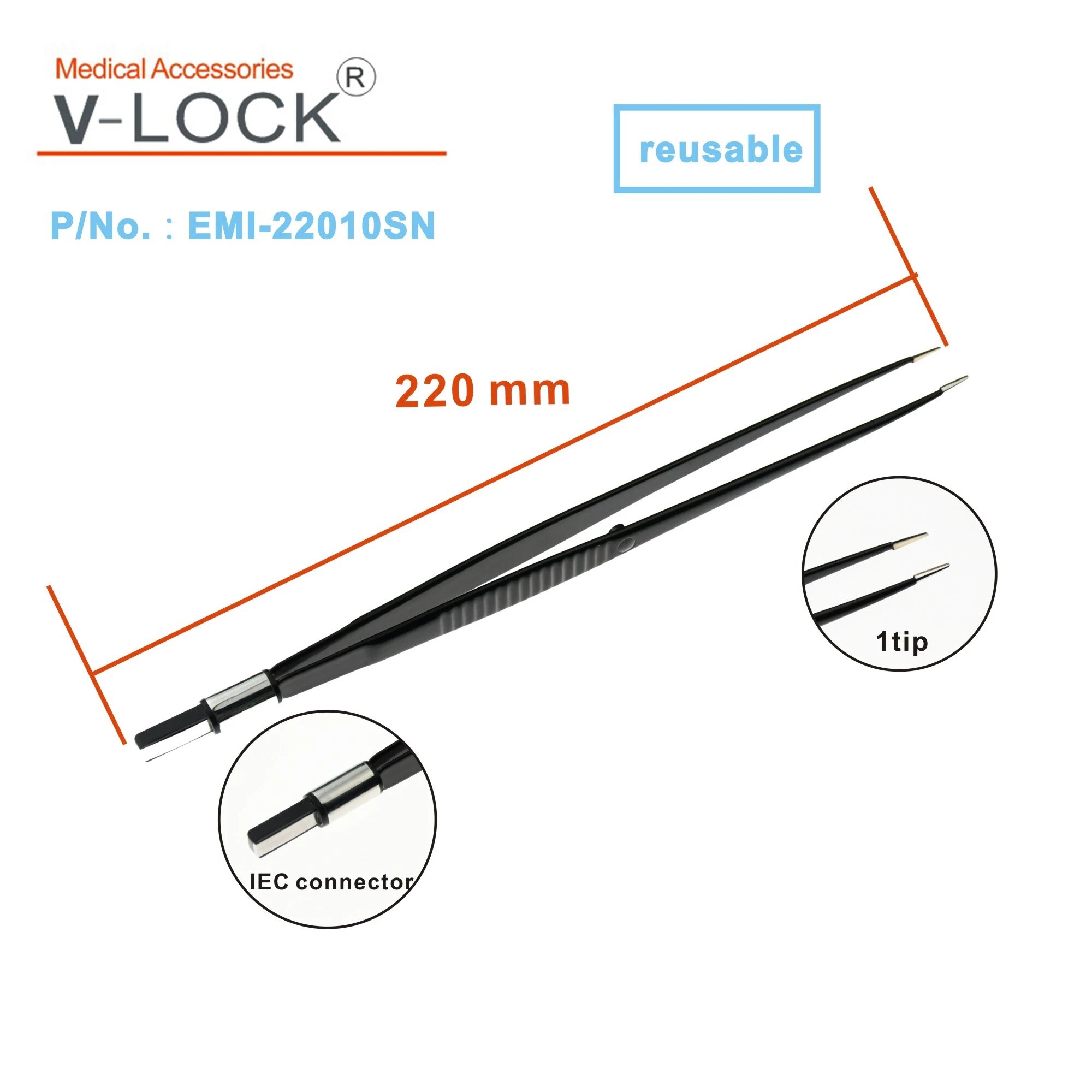 Биполярные щипцы V-LOCK EMI-22010SN, 220 мм, 1 tip