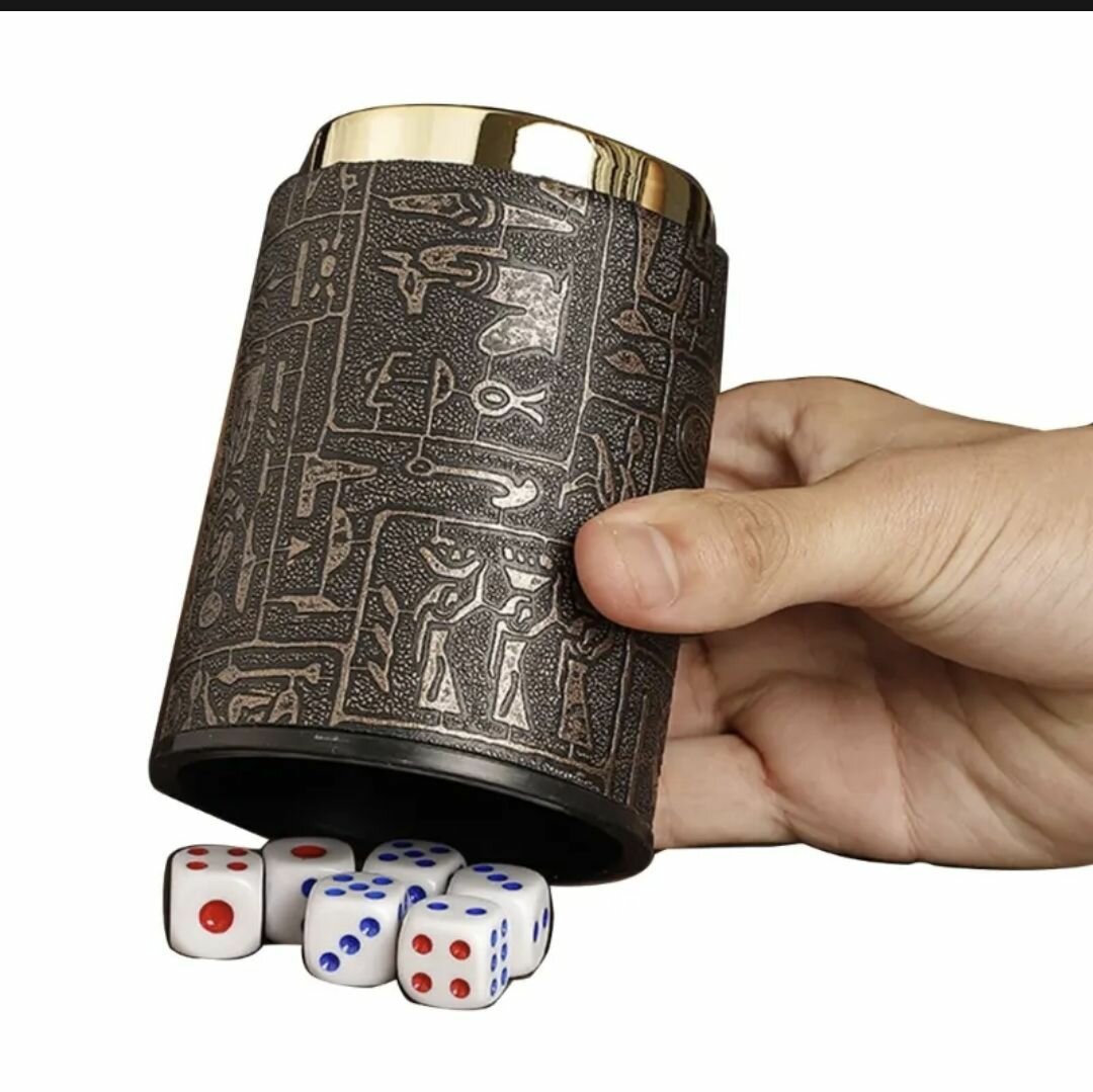 Кожаный стакан для игральных костей, 5 кубиков в комплекте. Большой. Египетский мотив.