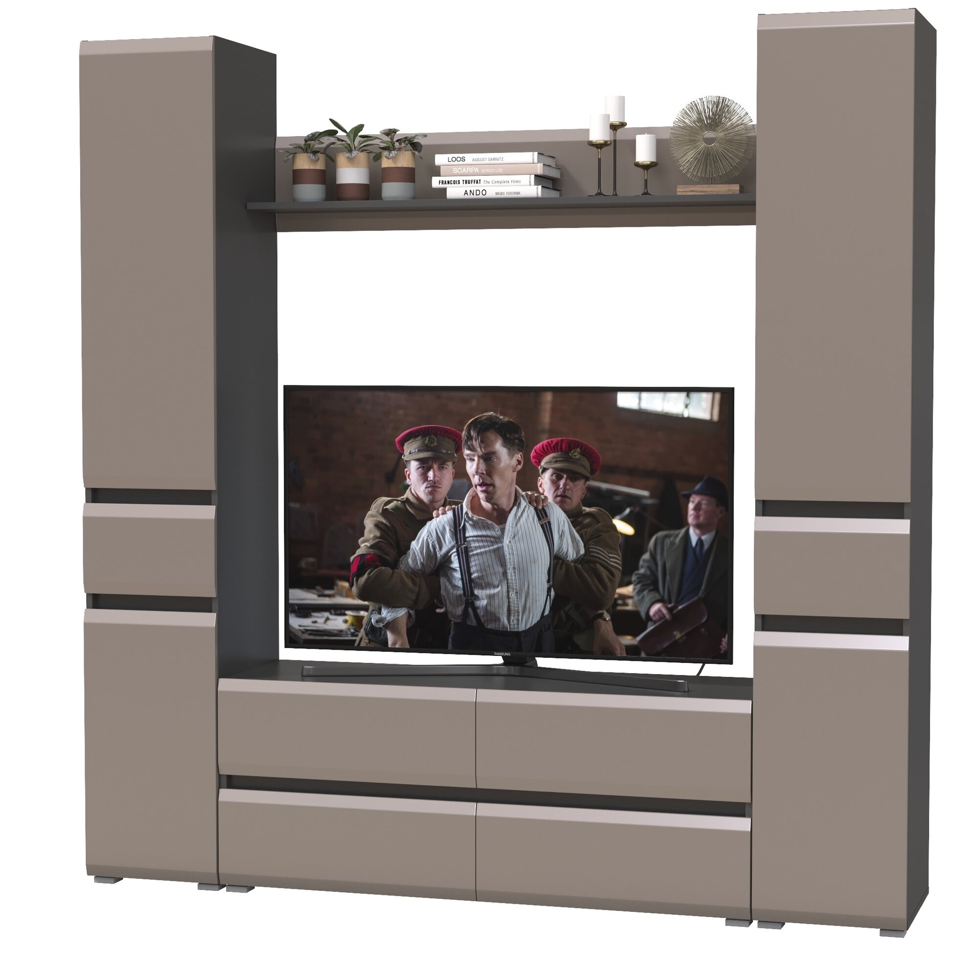 Тумба для аппаратуры с 2 пеналами и верхней полочкой Сидней, цвет антрацит/веллюто, 199,9х41,3х205,2 см.