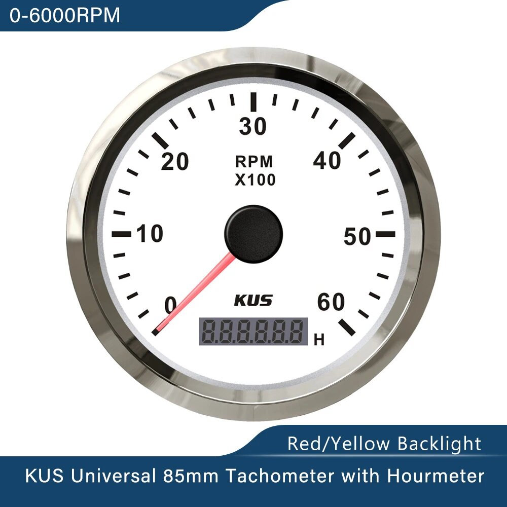Тахометр KUS 85 мм с счетчиком часов, 0-6000 об/мин, Цвет: 6KWS