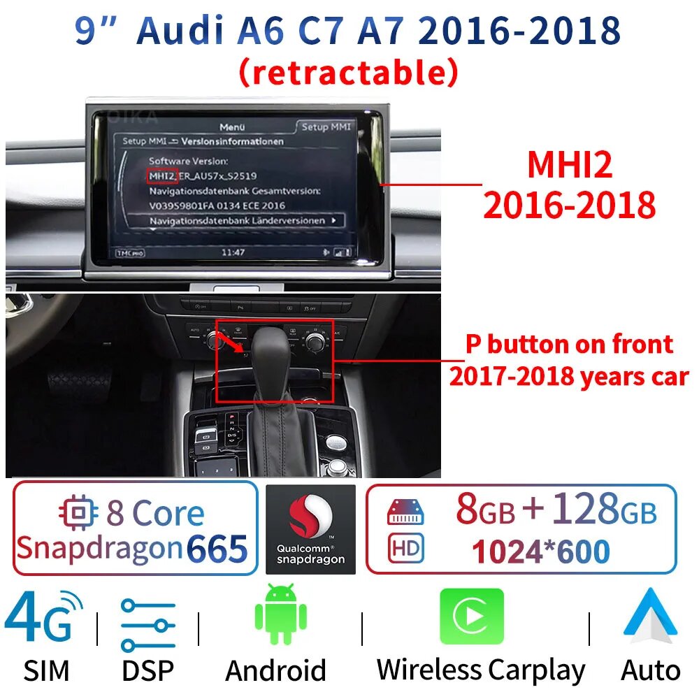 8-ядерная автомобильная мультимедийная стереосистема Android 14 для Audi A6 C7 A7 2012-2018 WIFI 4G 8 + 128 ГБ ОЗУ Carplay IPS Сенсорный экран GPS Navi MHI2 S665 8-128GB