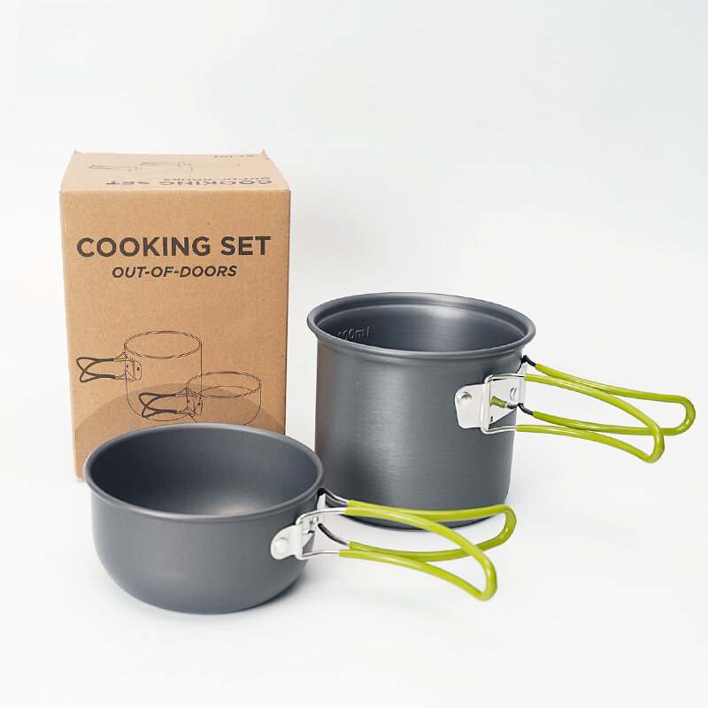 Набор посуды для походов и пикников Aotu Amazon Outdoor Camping Cookware Picnic Rinse Hot Pot Set Pot Portable Pot Cross-border Wholesale AT101 с зелёными ручками