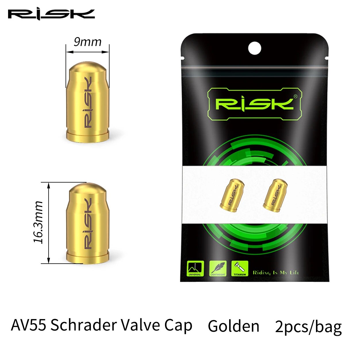 RISK Титановые колпачки клапанов Presta/Schrader FV55/AV55 Schrader 2pcs gold