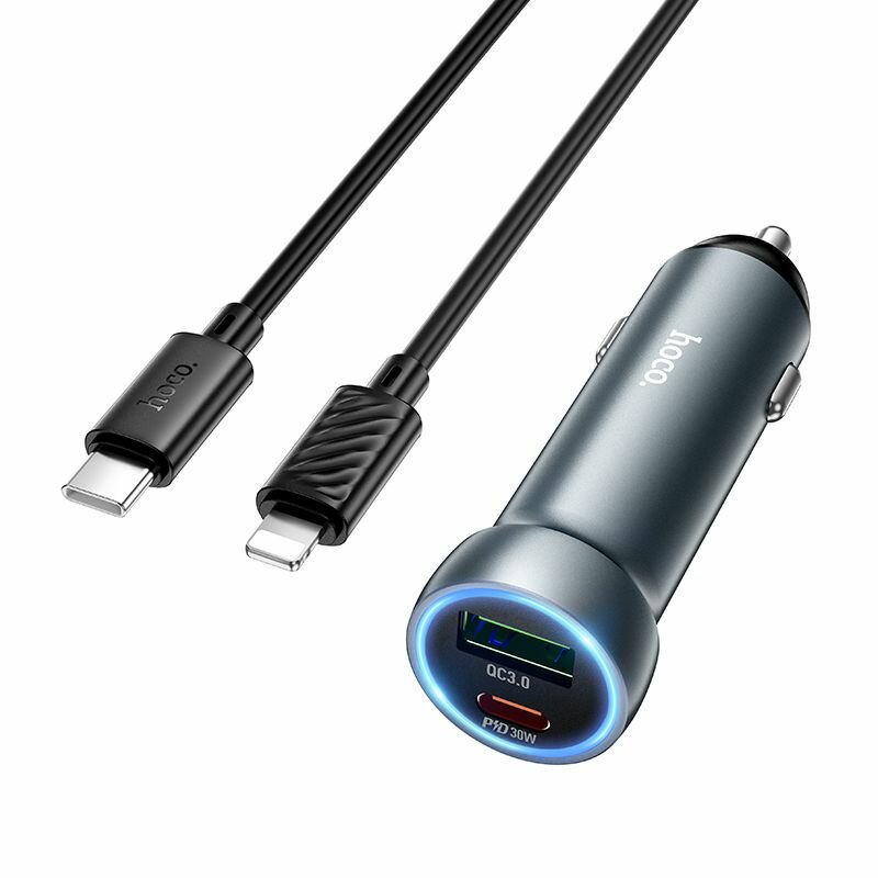 Зарядка в прикуриватель USB Type-C + кабель Type-C to lightning HOCO