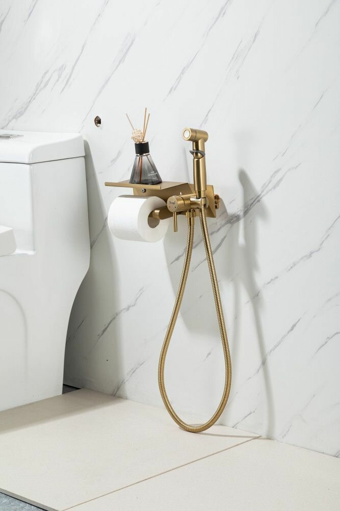 Гигиенический душ с полкой и держателем для бумаги Frap F2075-3, сатин золотой