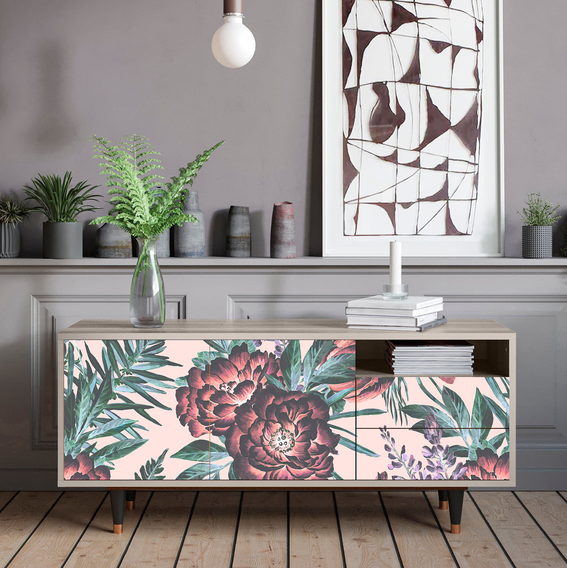ТВ-Тумба - STORYZ - T7 Peach Peonies, Размер - 125 x 56 x 41 см, Цвет корпуса - , Сатин