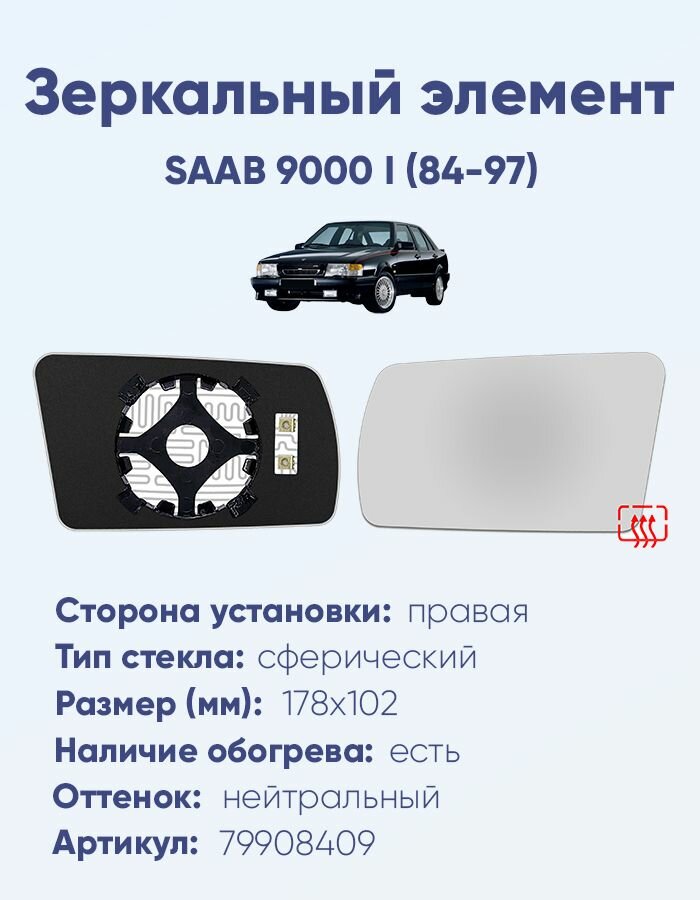 Зеркальный элемент правый SAAB 9000 I (84-97) сфера нейтральный с обогревом