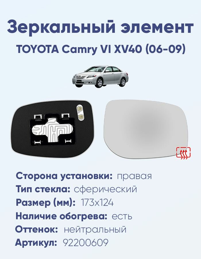 Зеркальный элемент правый TOYOTA Camry VI XV40 (06-09) сфера нейтральный с обогревом