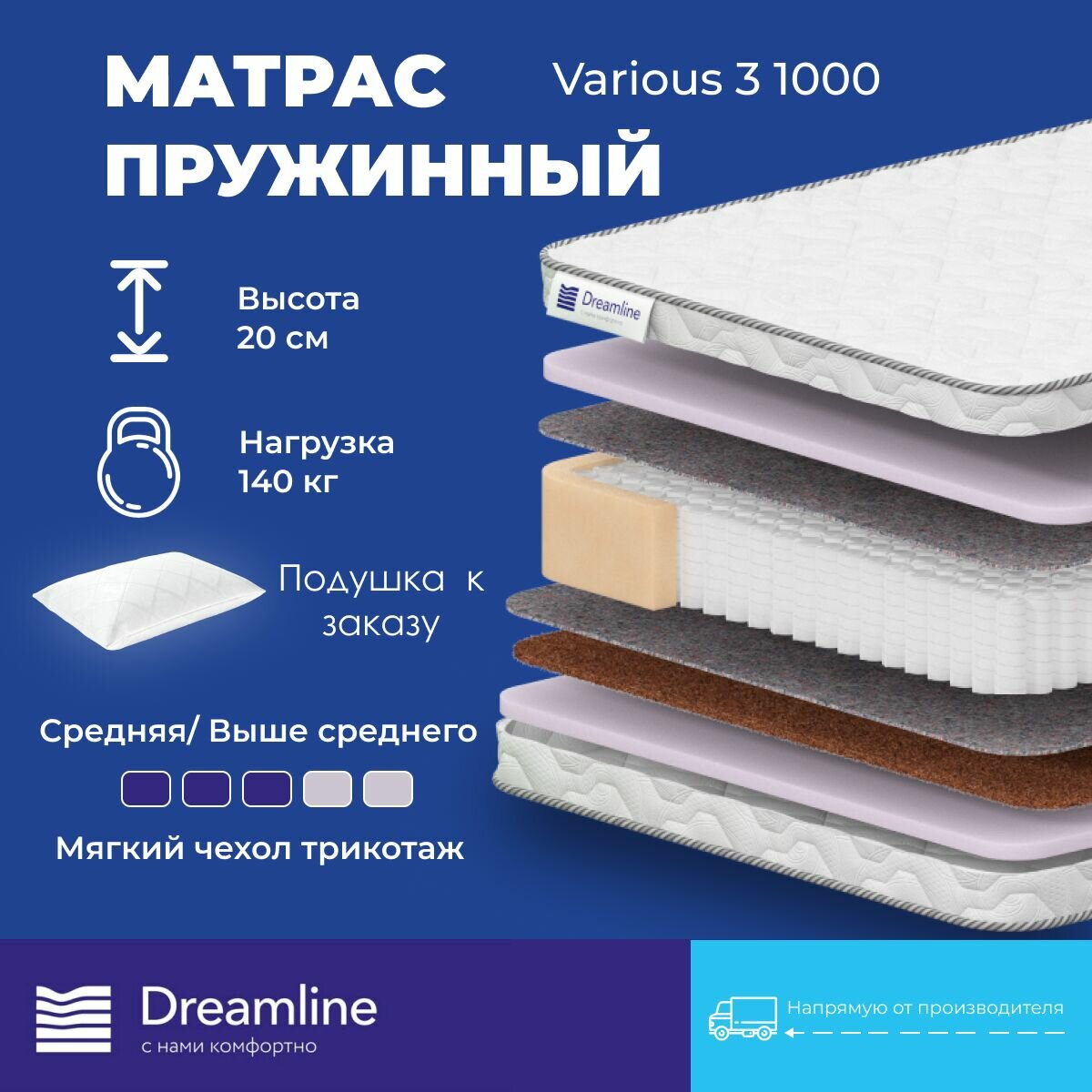 Матрас Dreamline Various 3 1000 95х190 анатомический средней жесткости кокосовый Независимые пружины высота 20 см