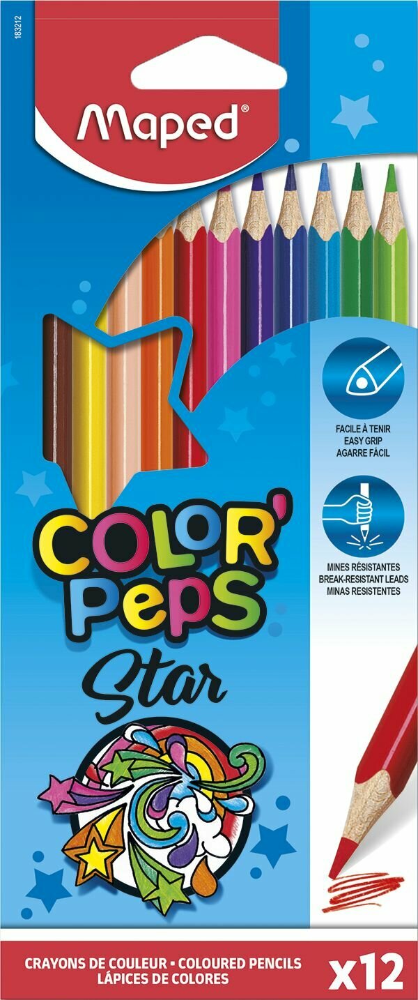 Цветные карандаши MAPED "COLOR'PEPS", 12 цветов, деревянные, трехгранная форма