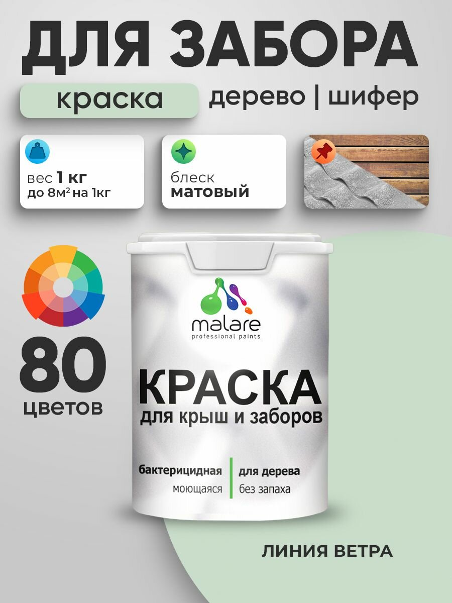 Акриловая краска Malare для деревянного забора/ по дереву для наружных и внутренних работ/ быстросохнущая моющаяся без запаха, матовая, линия ветра, 1 кг.