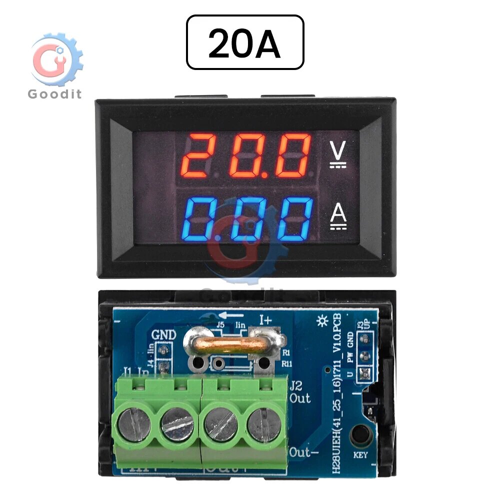 Gaqqee Цифровой вольтметр-амперметр DC7-100V 20A Red-Blue