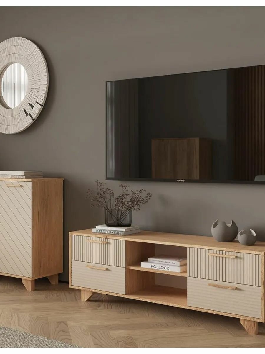 Тумба под телевизор напольная Ньерд ТВ с нишами, с ящиками, 150х40.4х51.3 см, Дуб Вотан / Ива пепельная