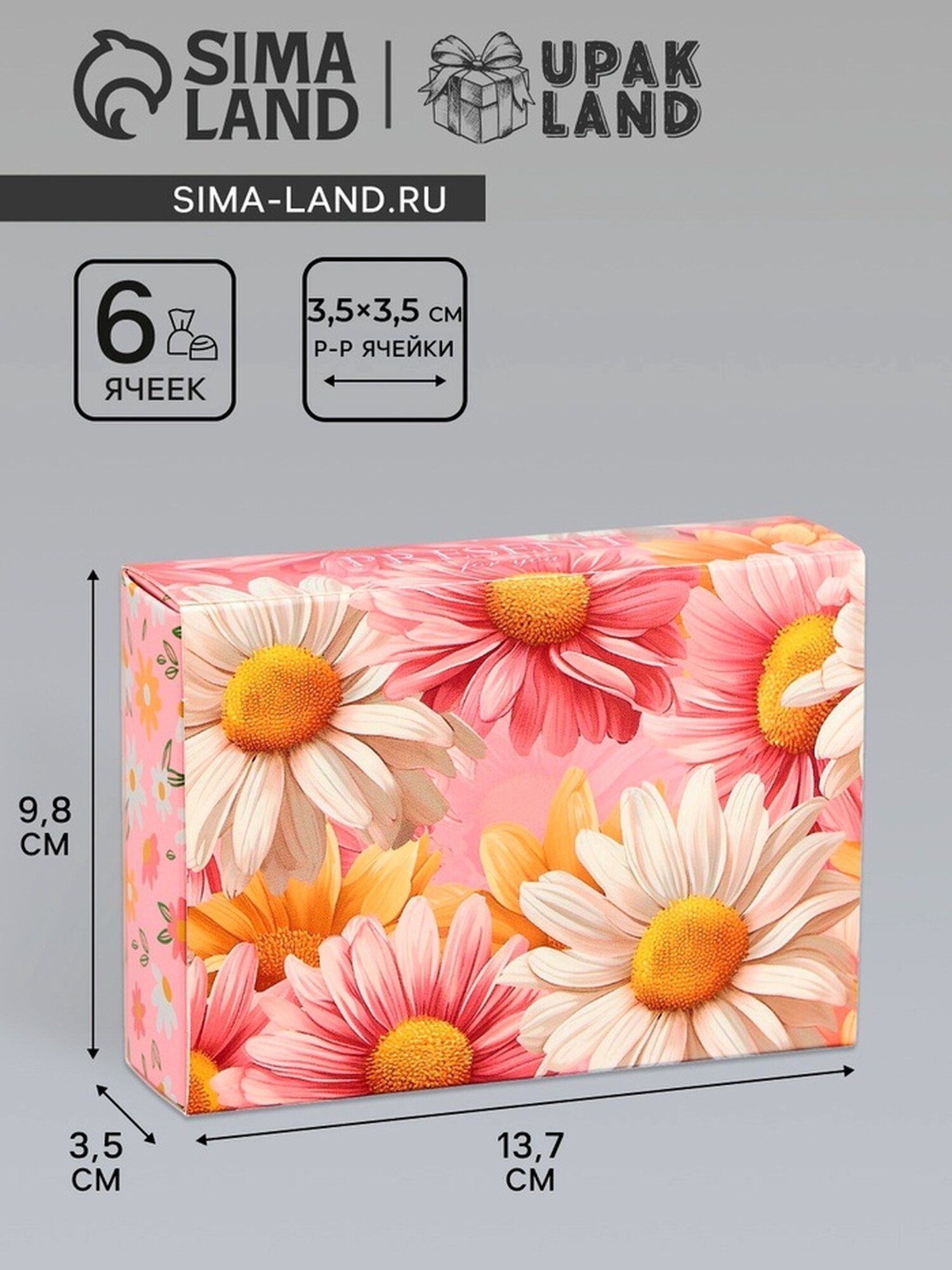 Коробка Upak Land "Презент", складная, для 6 конфет, ПВХ, картон, 13,7×9,8×3,8 см