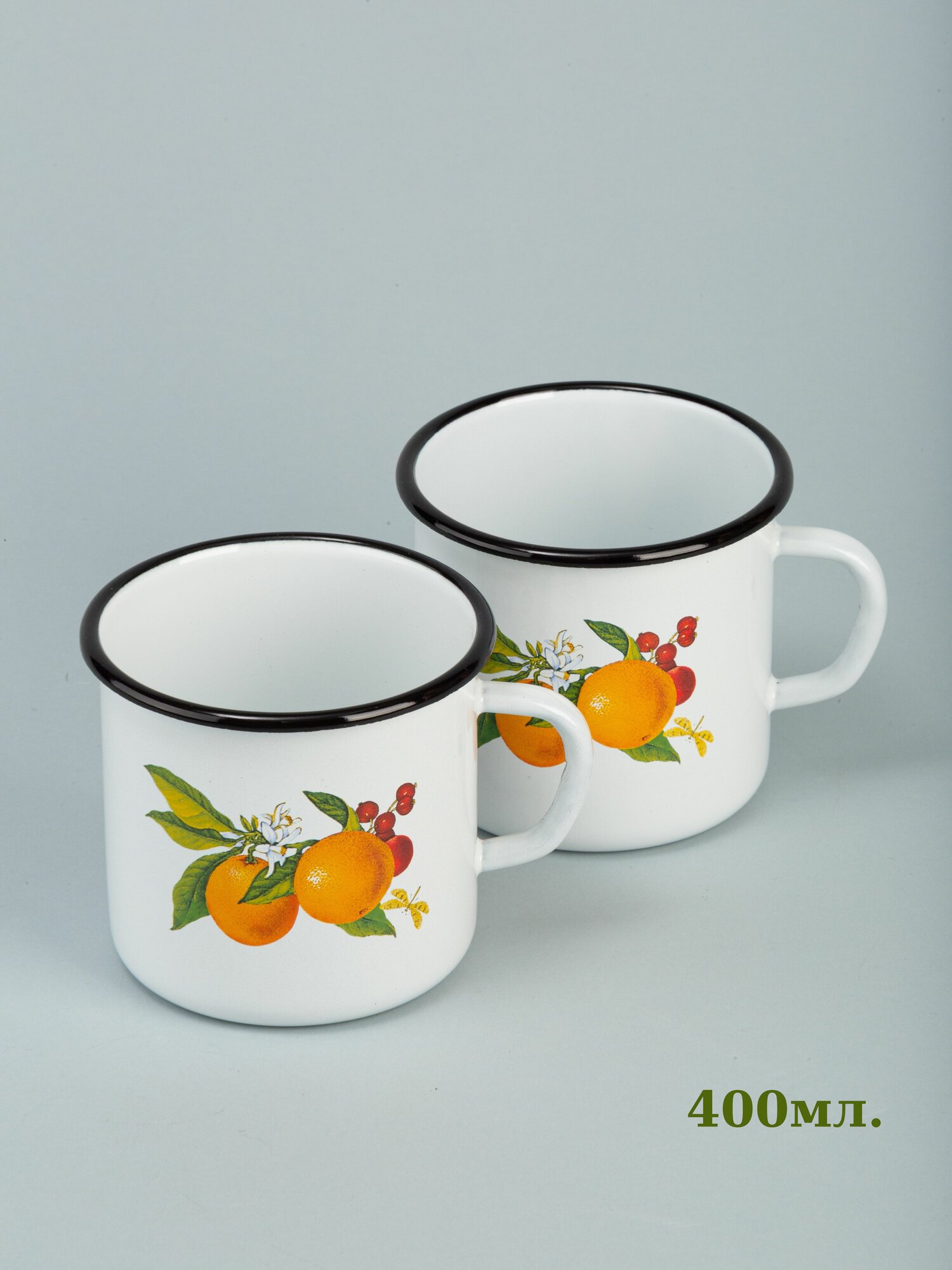 Кружка эмалированная 0,4 л , белая с рисунком Фруктовая фантазия, комплект из 2-х шт