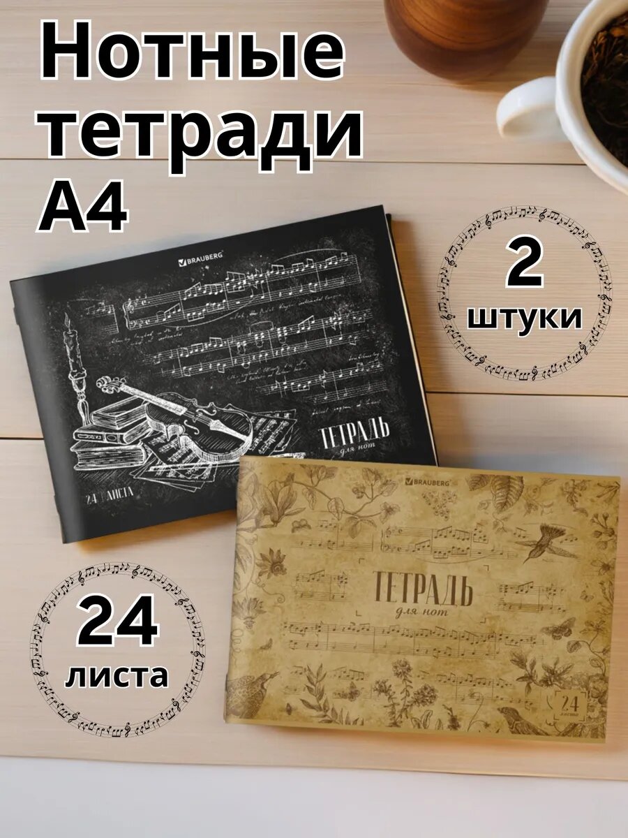 Нотная тетрадь BRAUBERG, формат А4, нотная разлиновка, 24 листа, 2 штуки