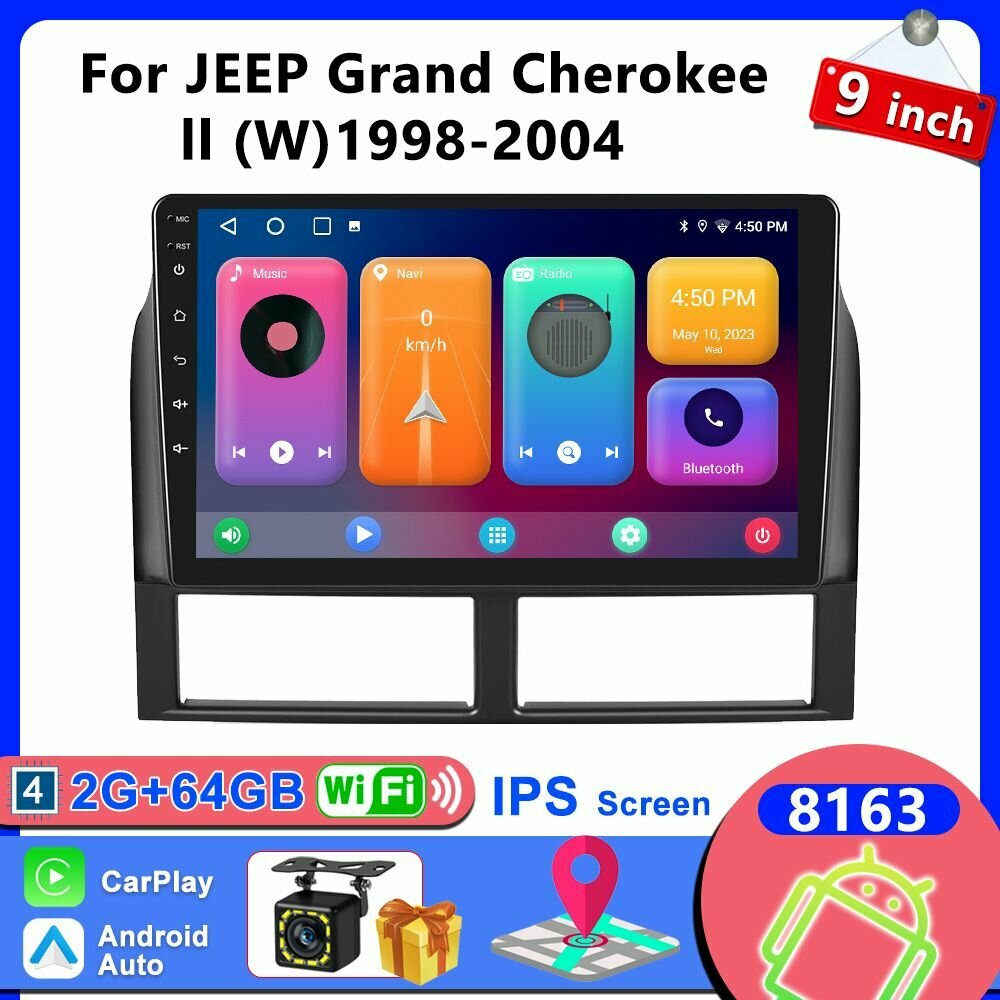 Автомагнитола 2 дин Андроид для Джип гранд чероки/Jeep Grand Cherokee 2004-2005 навигатор CarPlay, Wi-Fi, Bt, RDS