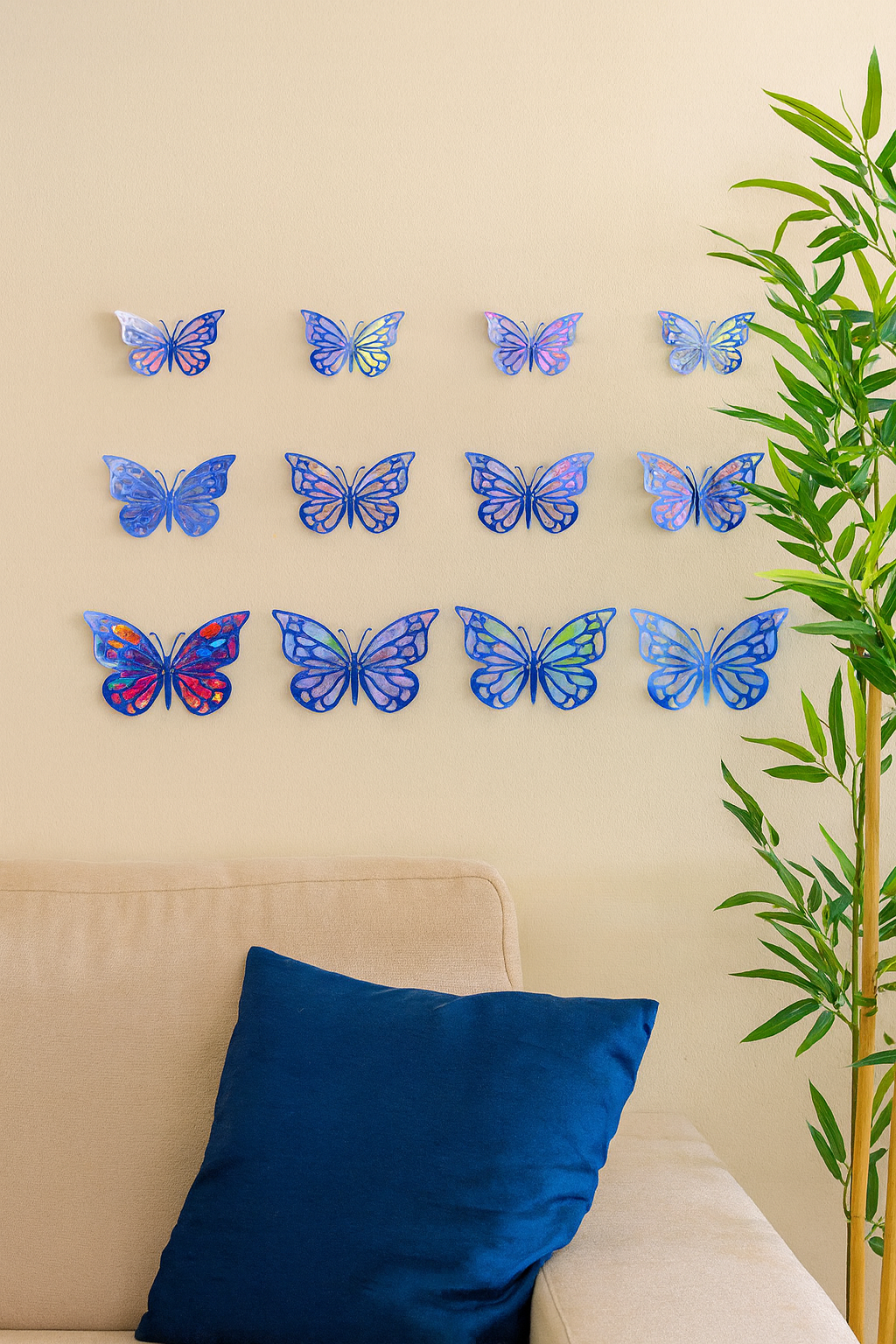 Набор декоративных бабочек 12 шт на липучке. Цвет синий, 3Д эффект