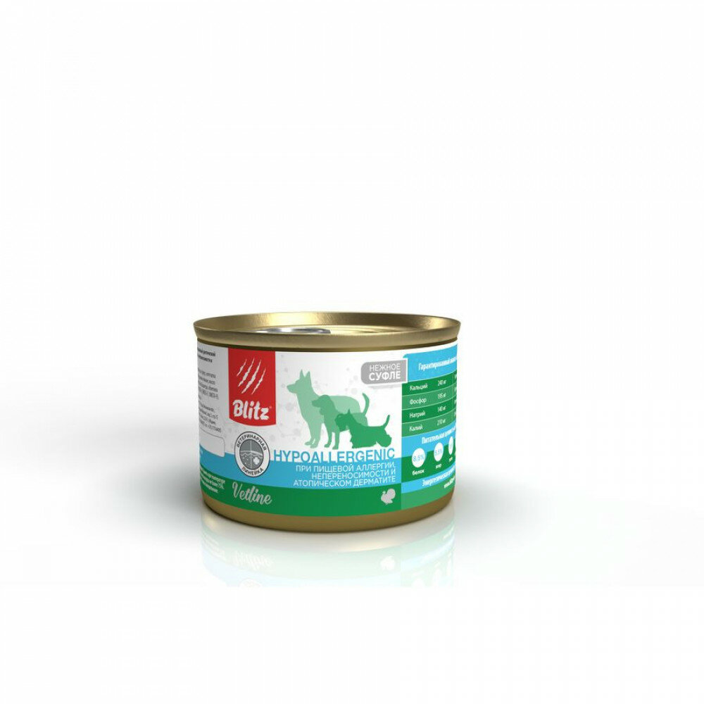 Влажный корм Blitz Vetline Hypoallergenic, для собак, при аллергии и дерматите, 200 г, 6 шт