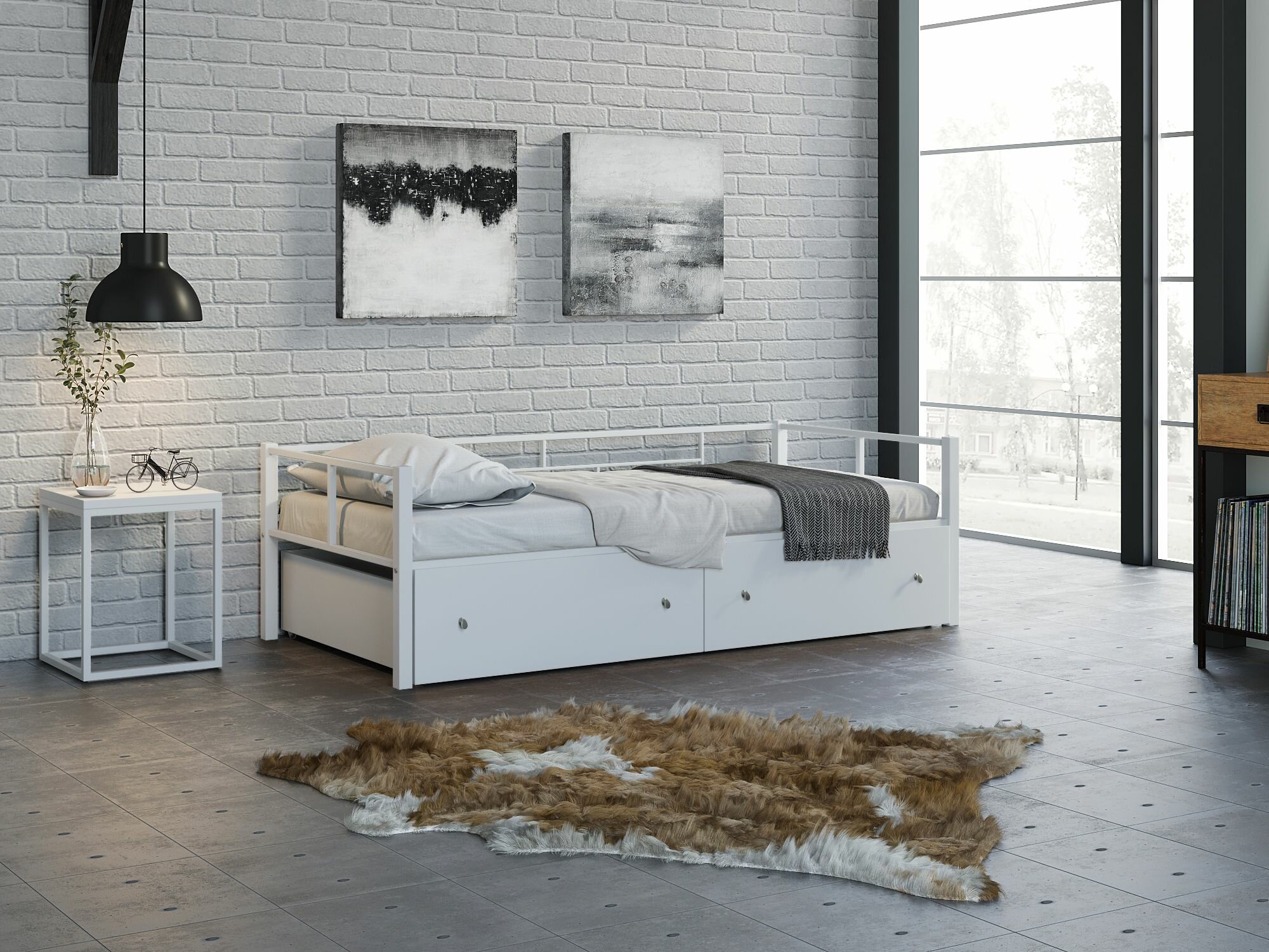 Односпальная кровать Арга Белая 90х190 с выкатными ящиками белыми