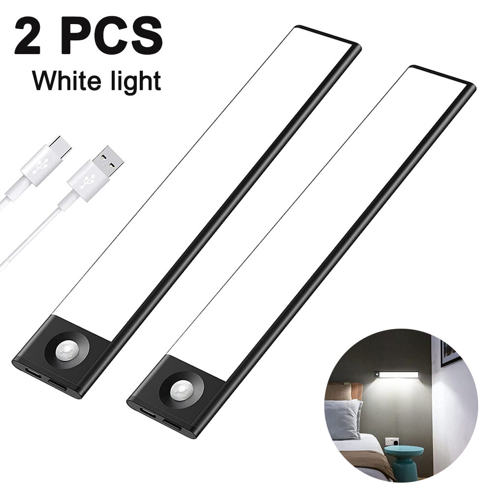 Комплект из 2 лампочек для освещения шкафа с датчиком движения, беспроводная подсветка на аккумуляторе, ультратонкая магнитная светодиодная подсветка для шкафа на кухне, в ящике, на лестнице, в прихожей, черная, 20 см