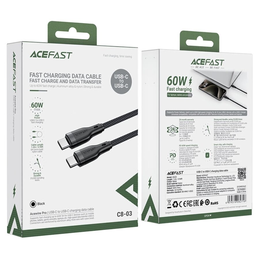 Кабель для зарядки и передачи данных AceFast C8-03, 60Вт, C/C 1.2м, черный — фото 1