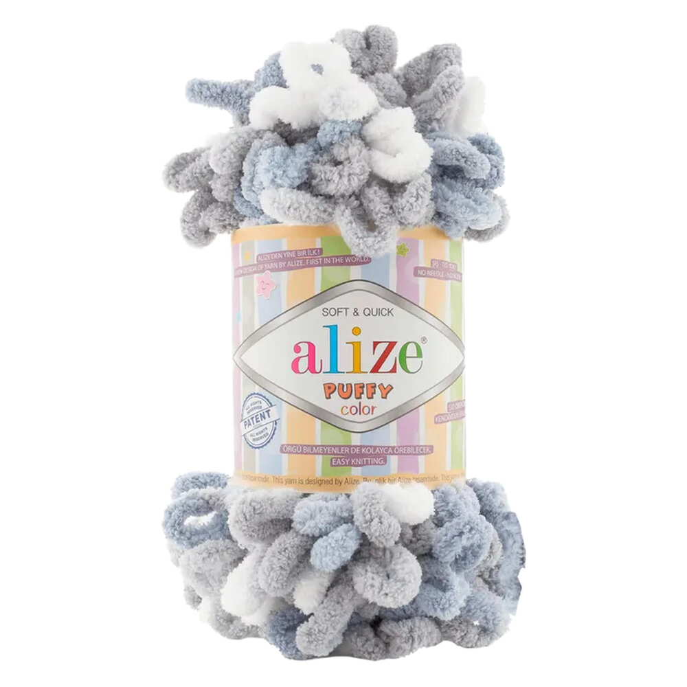 Пряжа для вязания Alize Puffy color 6629 белый серый голубой 1 моток. 100 гр/9 м 100% микрополиэстер