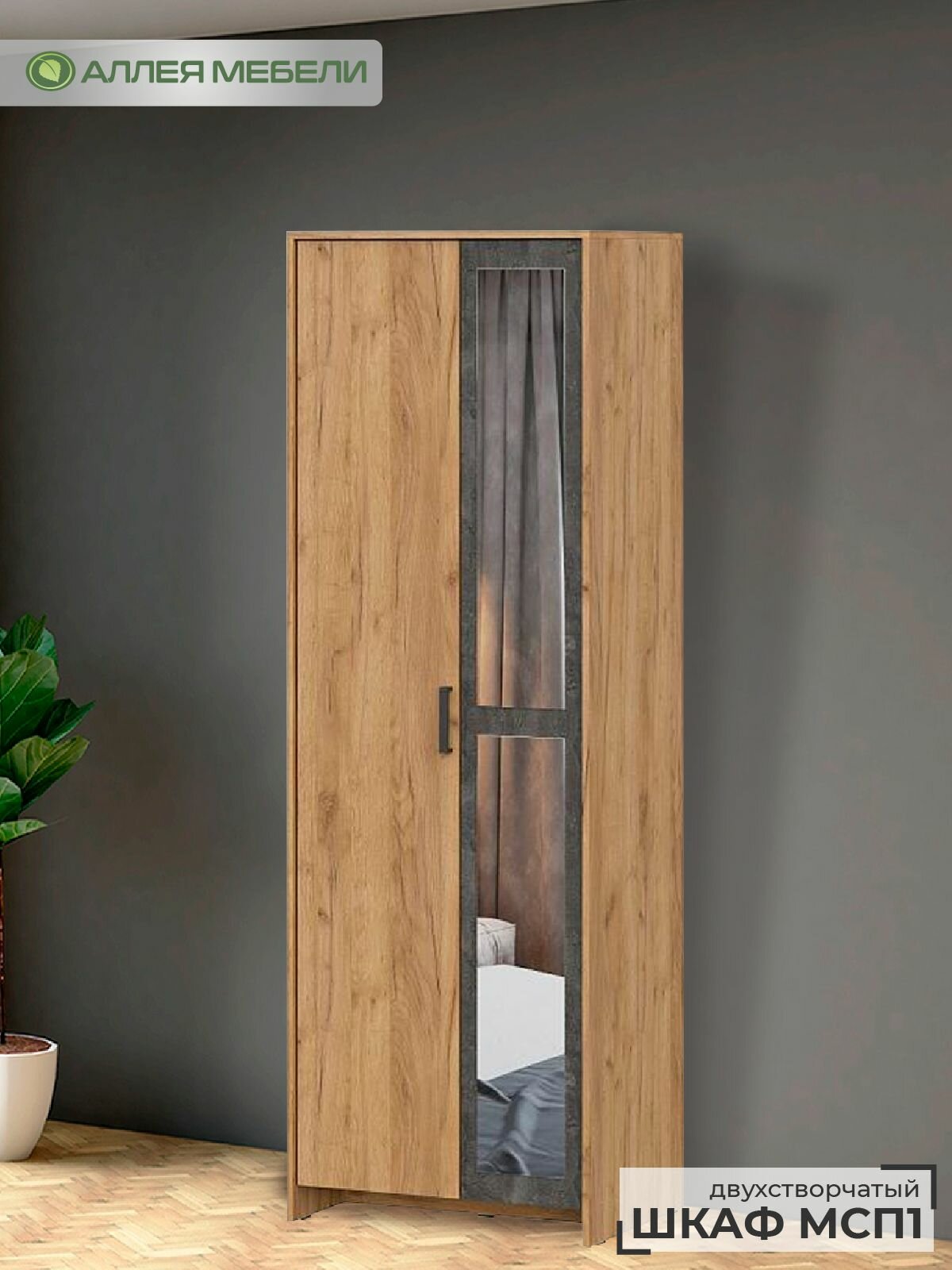 Шкаф для одежды распашной двухстворчатый, с зеркалом, штангой и полкой для хранения вещей, МСП-1, 70.1х209.4х50 см, Дуб золотой, Камень тёмный