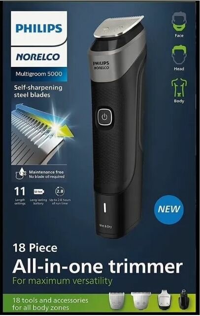 Philips Триммер для бороды и усов Philips Norelco мультитриммер Series 5000 MG5910/60, кол-во насадок 18