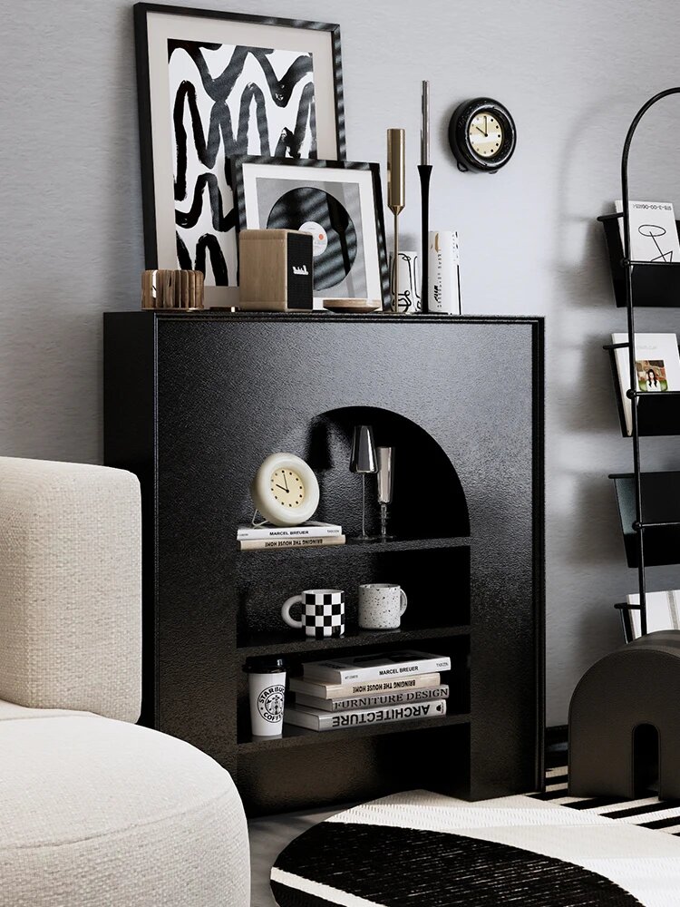 Простой входной камин, французский декоративный шкаф, фоновая стена, скандинавский вход, вход, коридор, витрина, шкафчик, Черный