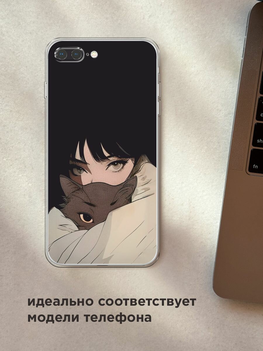 Чехол на Apple iPhone 7 Plus / Айфон 7 Плюс с принтом "Аниме девушка с котиком" — фото 1