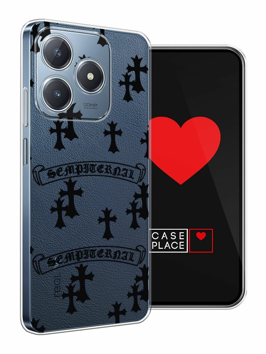 Чехол на Realme C63 / Реалми С63 с принтом "Кресты паттерн чёрный", прозрачный — фото 1