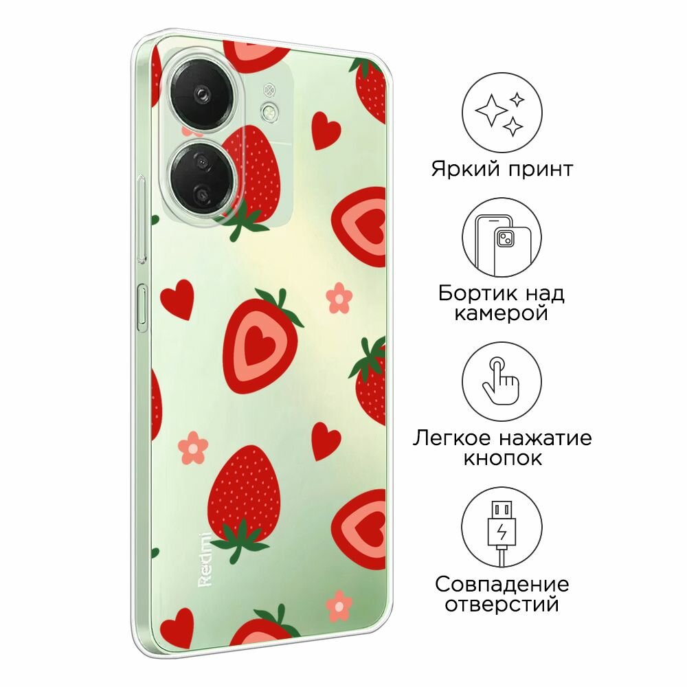 Чехол на Xiaomi Redmi 13C/Poco C65 / Сяоми Редми 13C/Поко С65 с принтом "Heart strawberries 2 - 14 февраля", прозрачный — фото 1