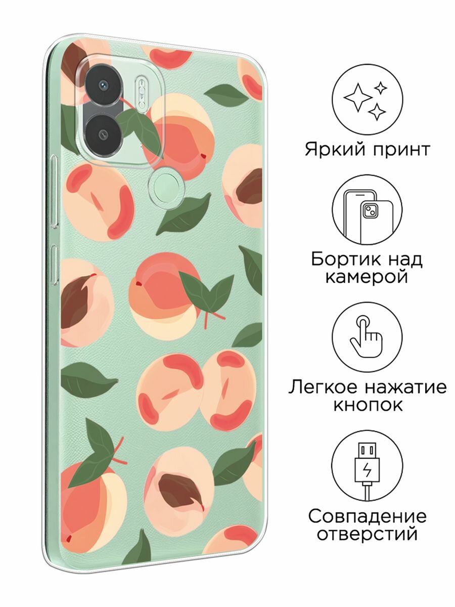 Чехол на Xiaomi Redmi A1+/Redmi A2+/Poco C51/C50 / Редми A1+ с принтом "Нежные персики паттерн 2", прозрачный — фото 1