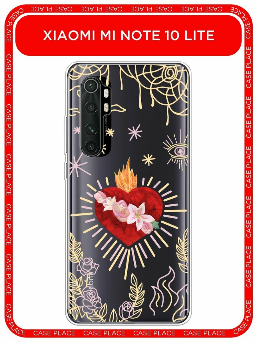 Чехол на Xiaomi Mi Note 10 lite / Сяоми Ми Нот 10 лайт с принтом "Сердце в цветах", прозрачный
