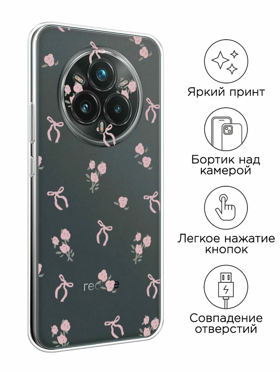 Чехол на Realme 14 Pro / Реалми 14 Про с принтом "Розы и ленточки", прозрачный — фото 1