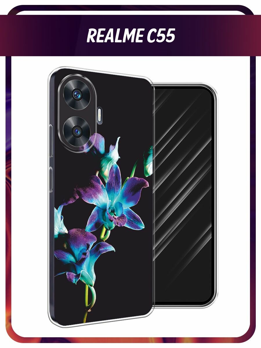 Чехол на Realme C55 / Реалми C55 с принтом "Синий цветок на черном"