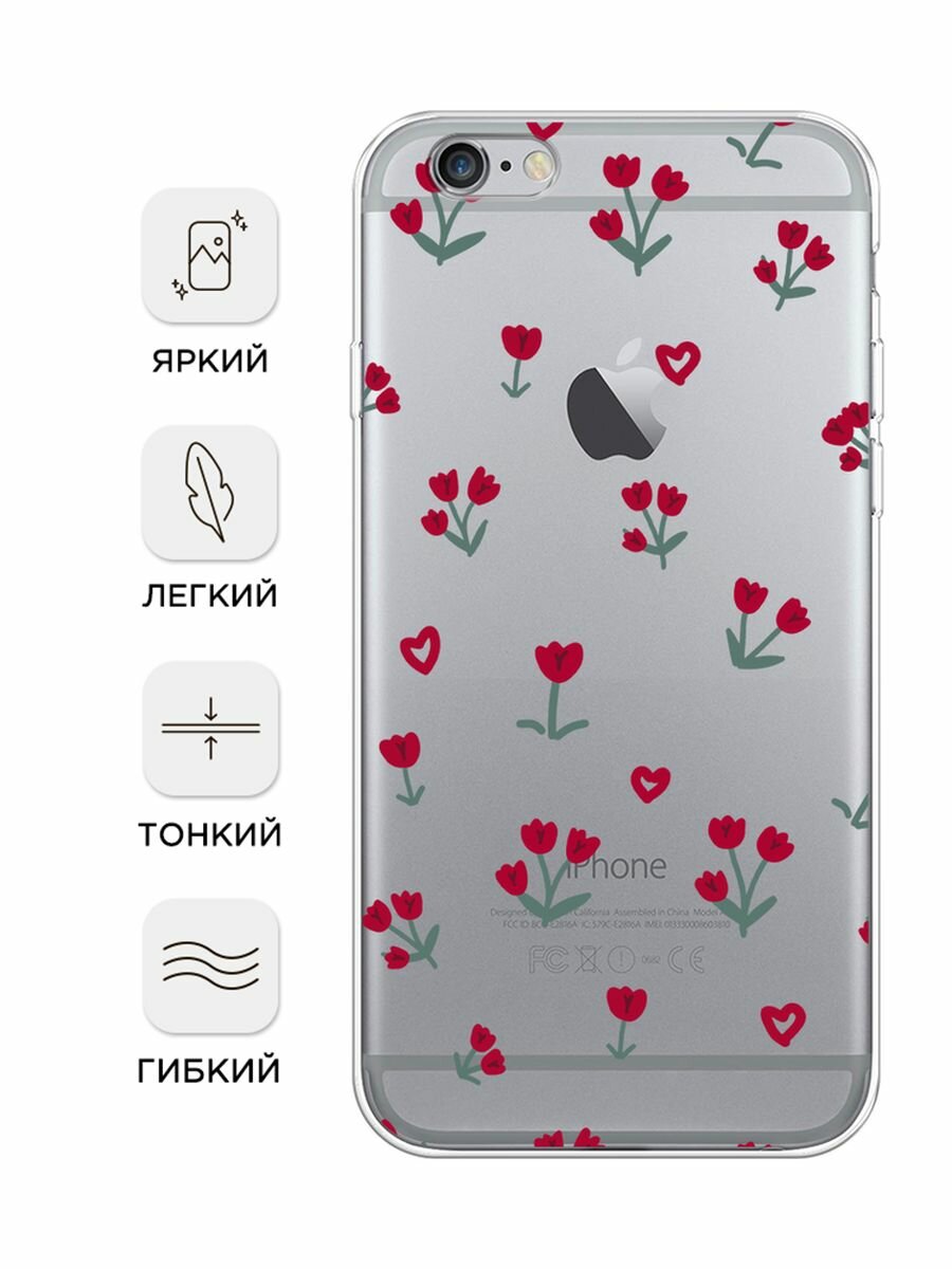 Чехол на Apple iPhone 6 / Айфон 6 с принтом "Красные тюльпанчики", прозрачный — фото 1