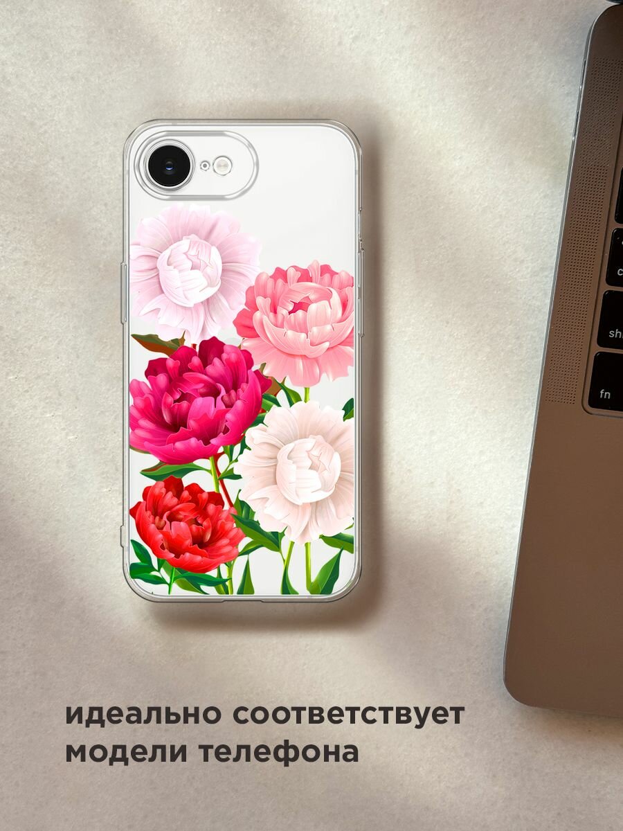 Чехол на Apple iPhone 16e/17e / Айфон 16е/17e с принтом "Большие пионы", прозрачный — фото 1