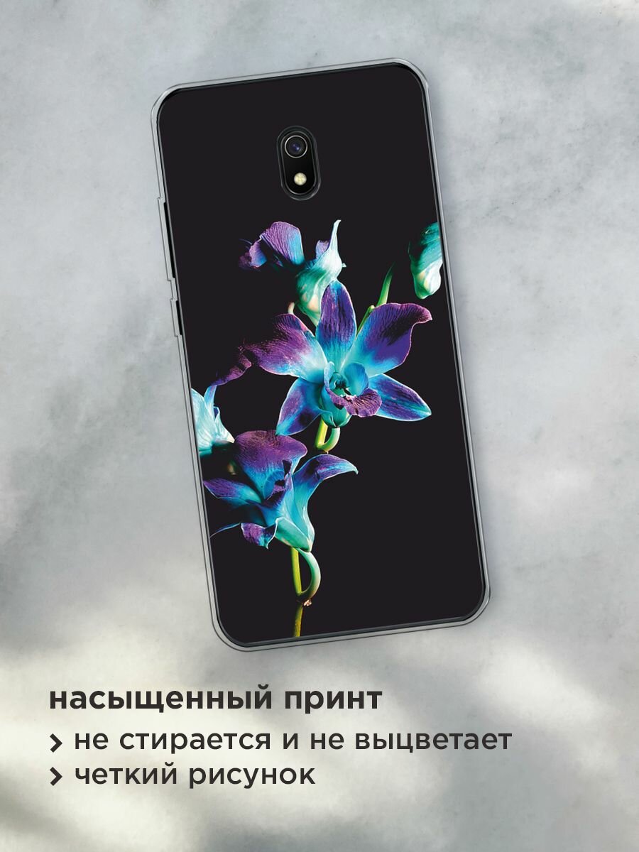 Чехол на Xiaomi Redmi 8A / Сяоми Редми 8А с принтом "Синий цветок на черном" — фото 1