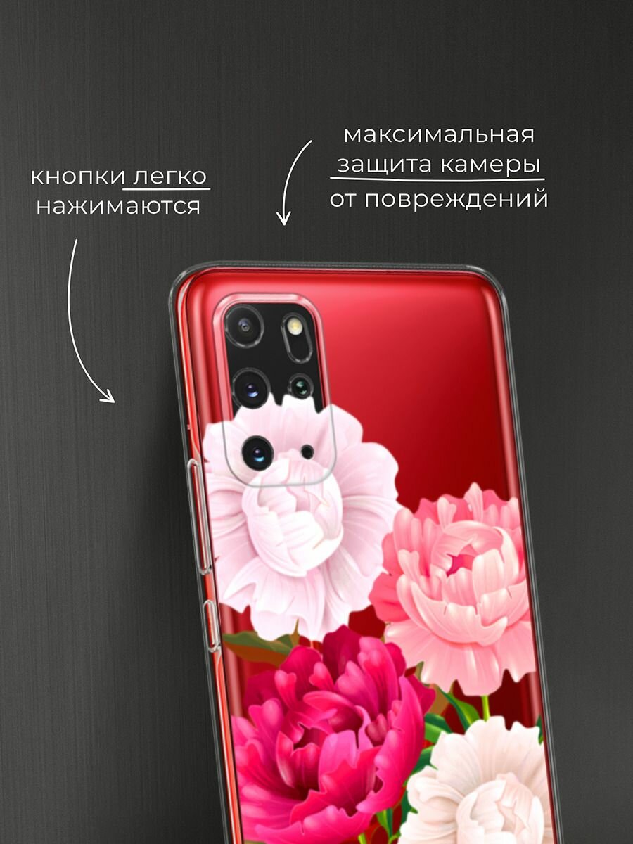 Чехол на Samsung Galaxy S20 + / Самсунг Галакси S20 Плюс с принтом "Большие пионы", прозрачный — фото 1