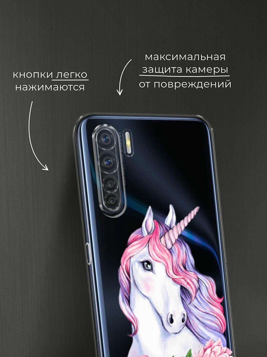 Чехол на Oppo A91/Reno 3 / Оппо A91/Рено 3 с принтом "Единорог с пионами", прозрачный — фото 1