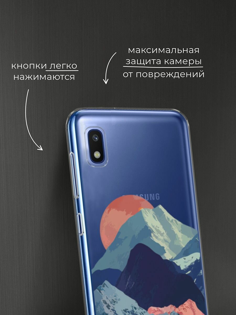 Чехол на Samsung Galaxy A10 / Самсунг Галакси А10 с принтом "Закат в снежных горах", прозрачный — фото 1