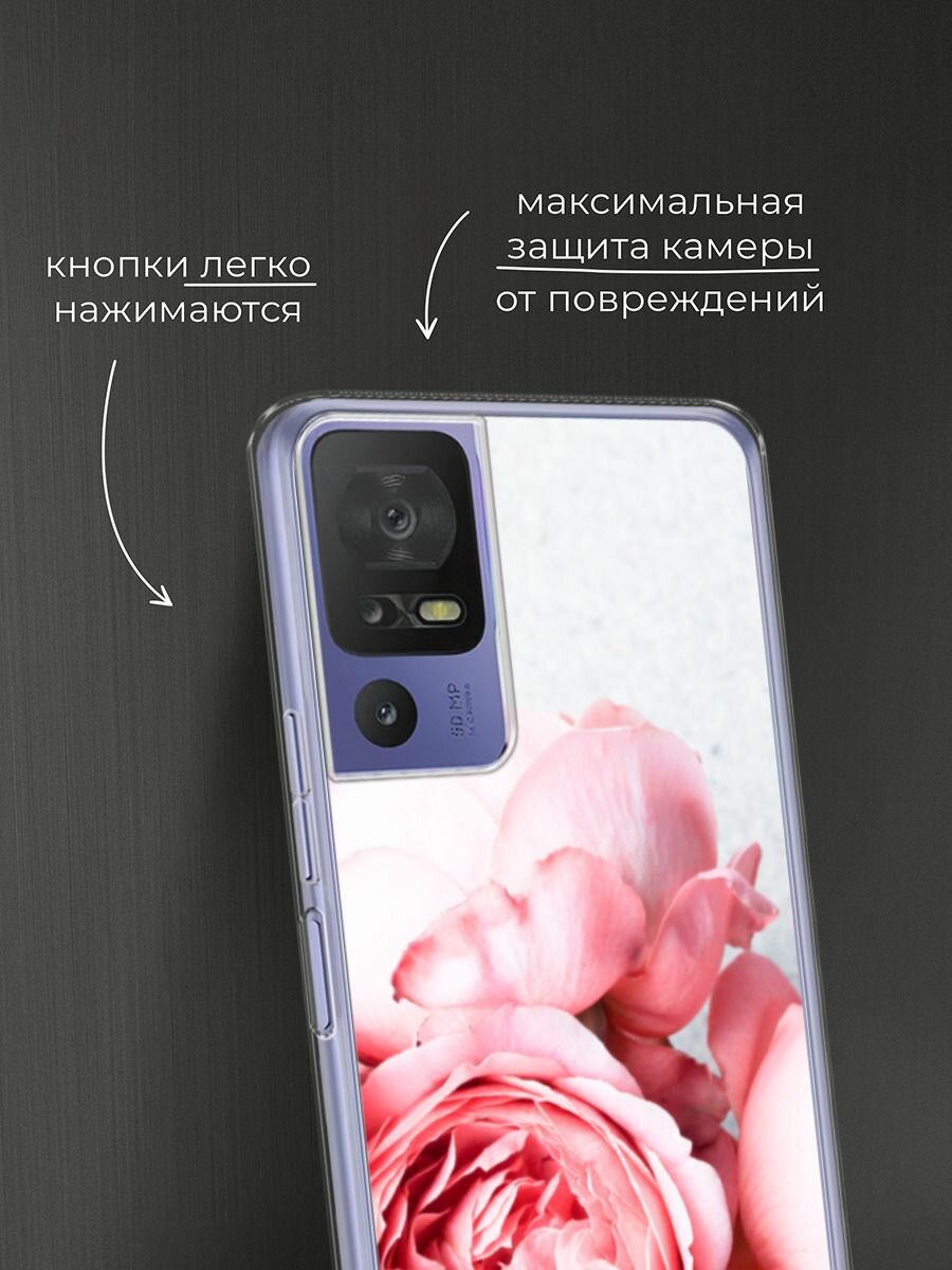 Силиконовый чехол на TCL 40 SE / ТСЛ 40 SE с принтом "Пионы на белом" — фото 1